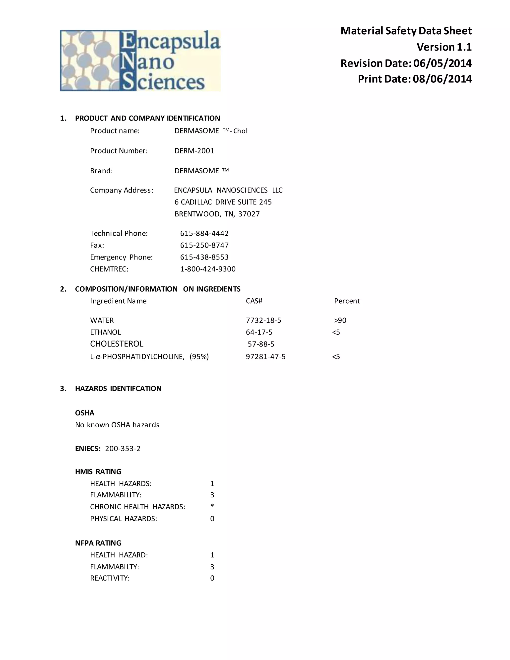 MSDS Dermasome-Chol Containing Alcohol | DOCX