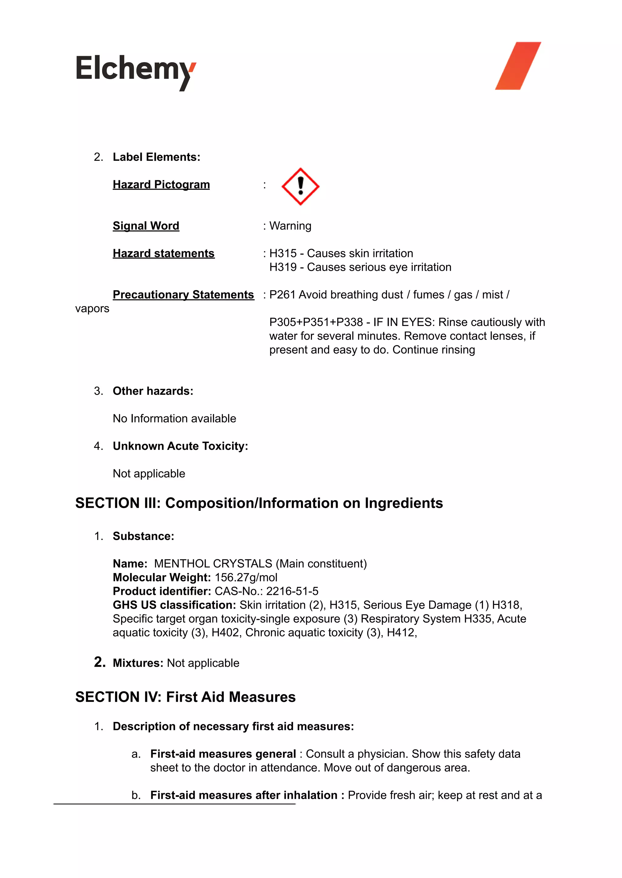 Menthol Crystal MSDS | Elchemy | PDF | First Aid | Injuries