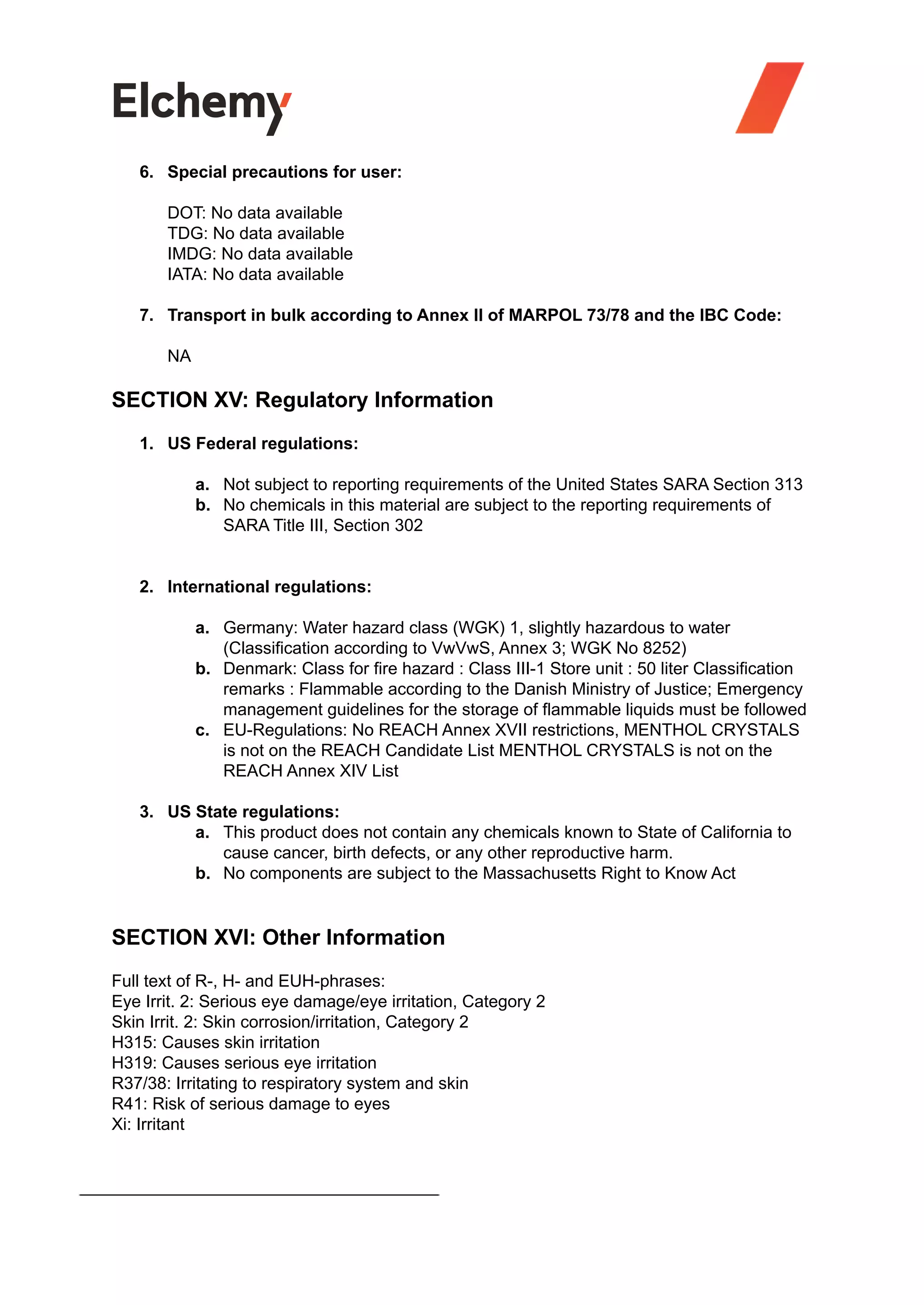 Menthol Crystal MSDS | Elchemy | PDF | First Aid | Injuries