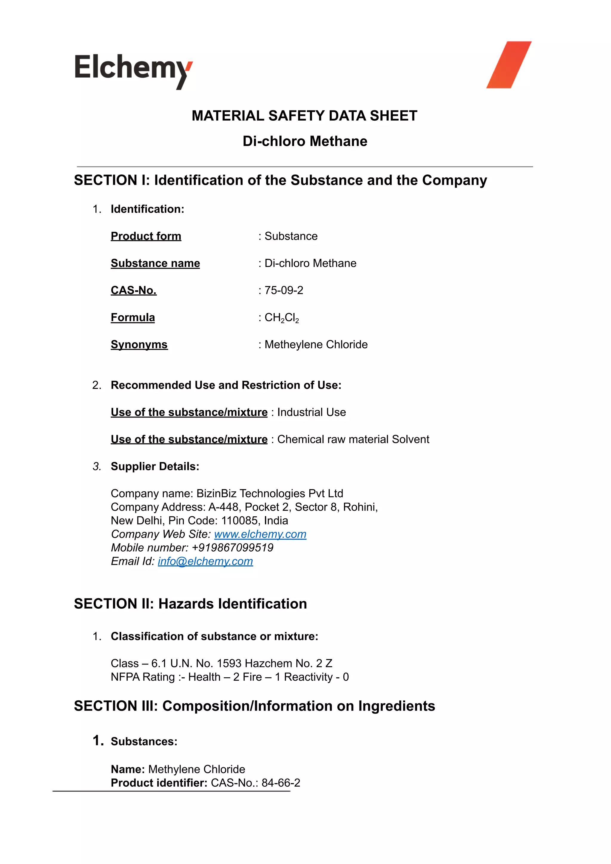 Methylene Chloride MSDS | Elchemy | PDF