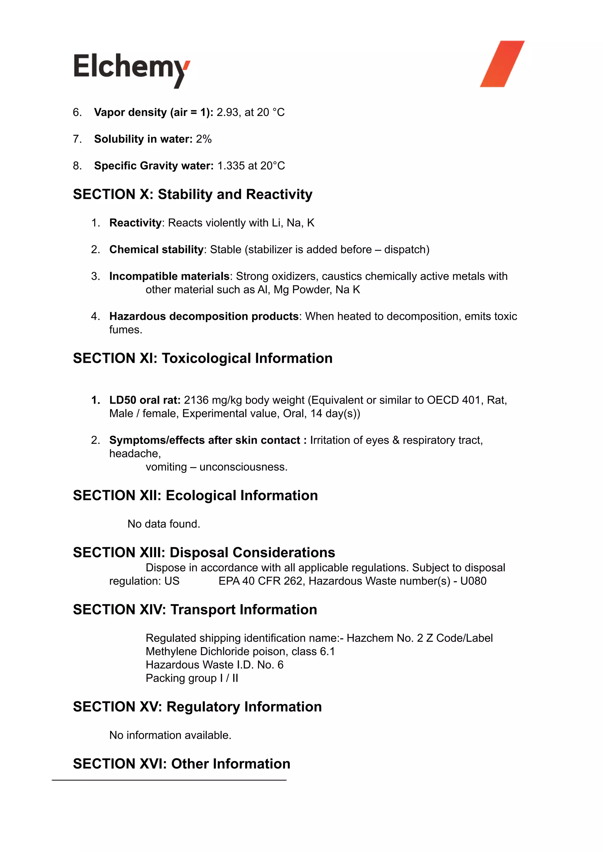 Methylene Chloride MSDS | Elchemy | PDF