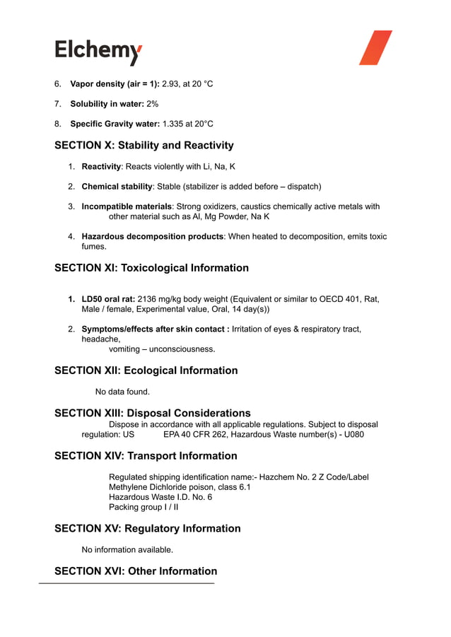 Methylene Chloride MSDS | Elchemy | PDF | First Aid | Injuries