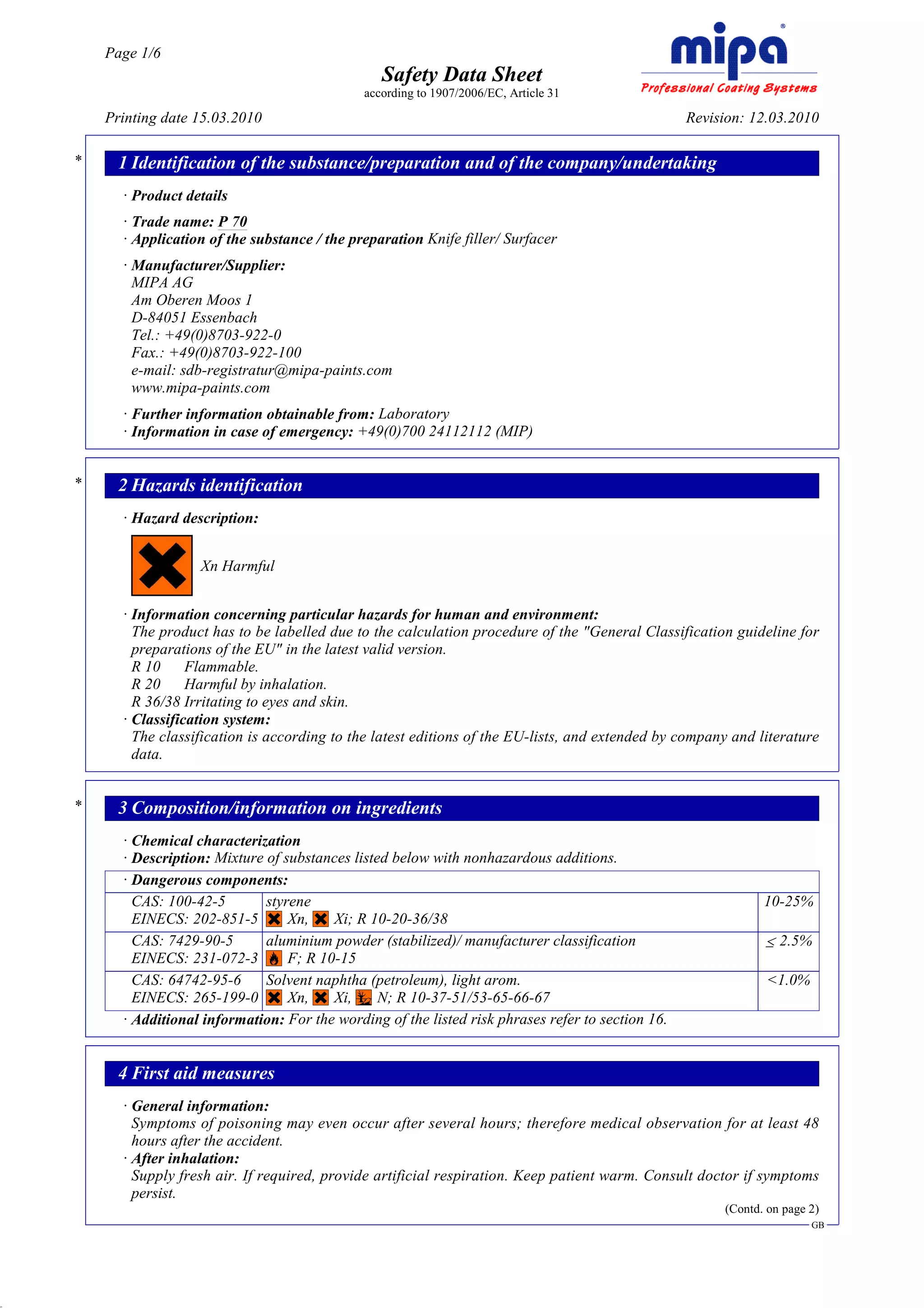 MSDS Mipa P70 gb | PDF