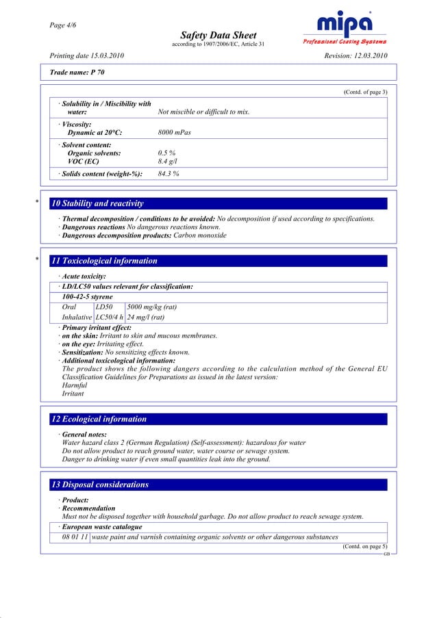 MSDS Mipa P70 gb | PDF | Chemistry | Science