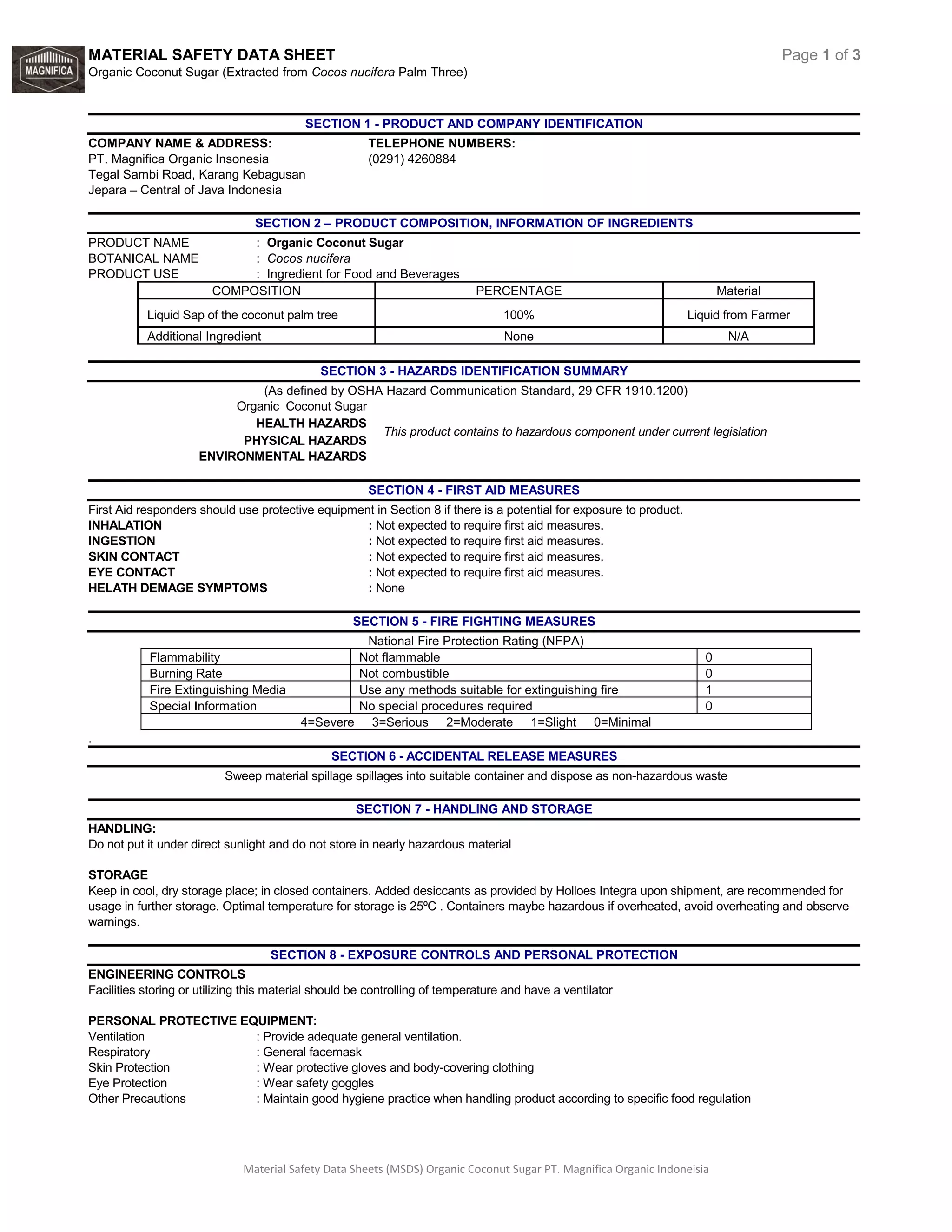 MSDS organic coconut sugar | PDF