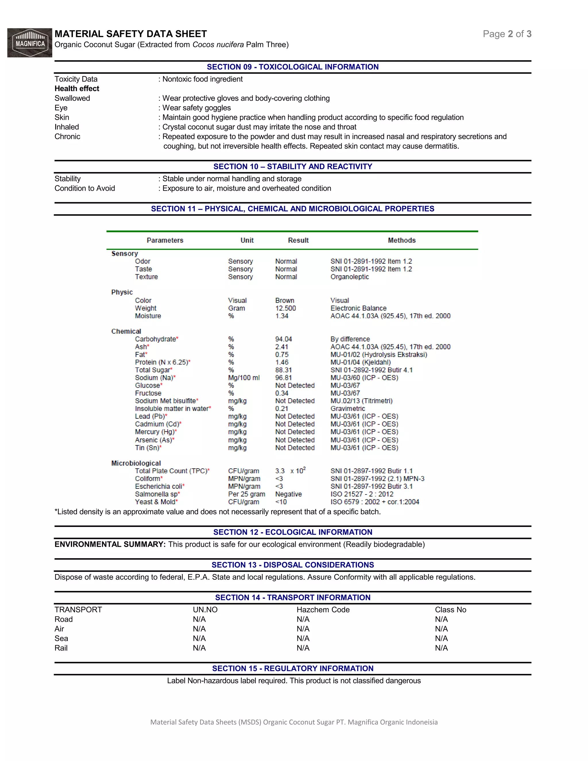 MSDS organic coconut sugar | PDF