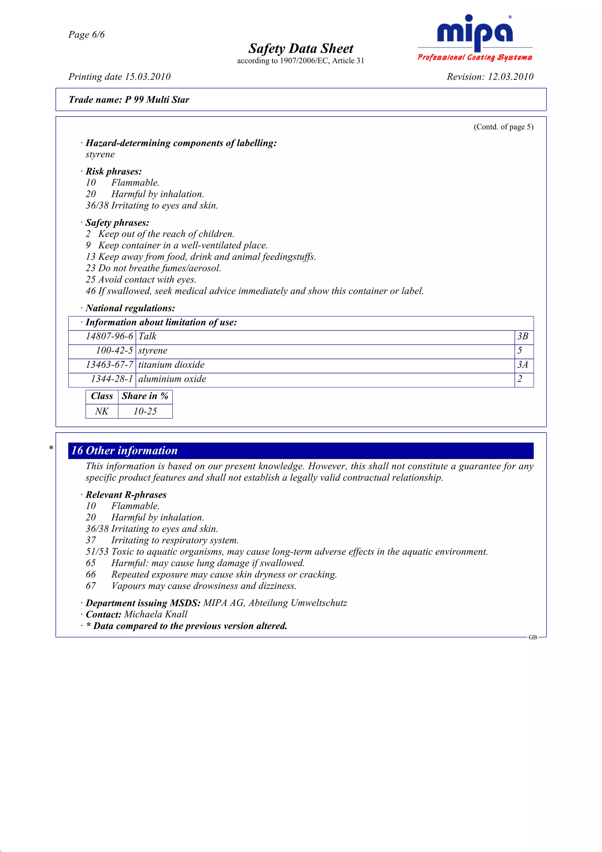 Msds P 99 Multi Star Gb | PDF