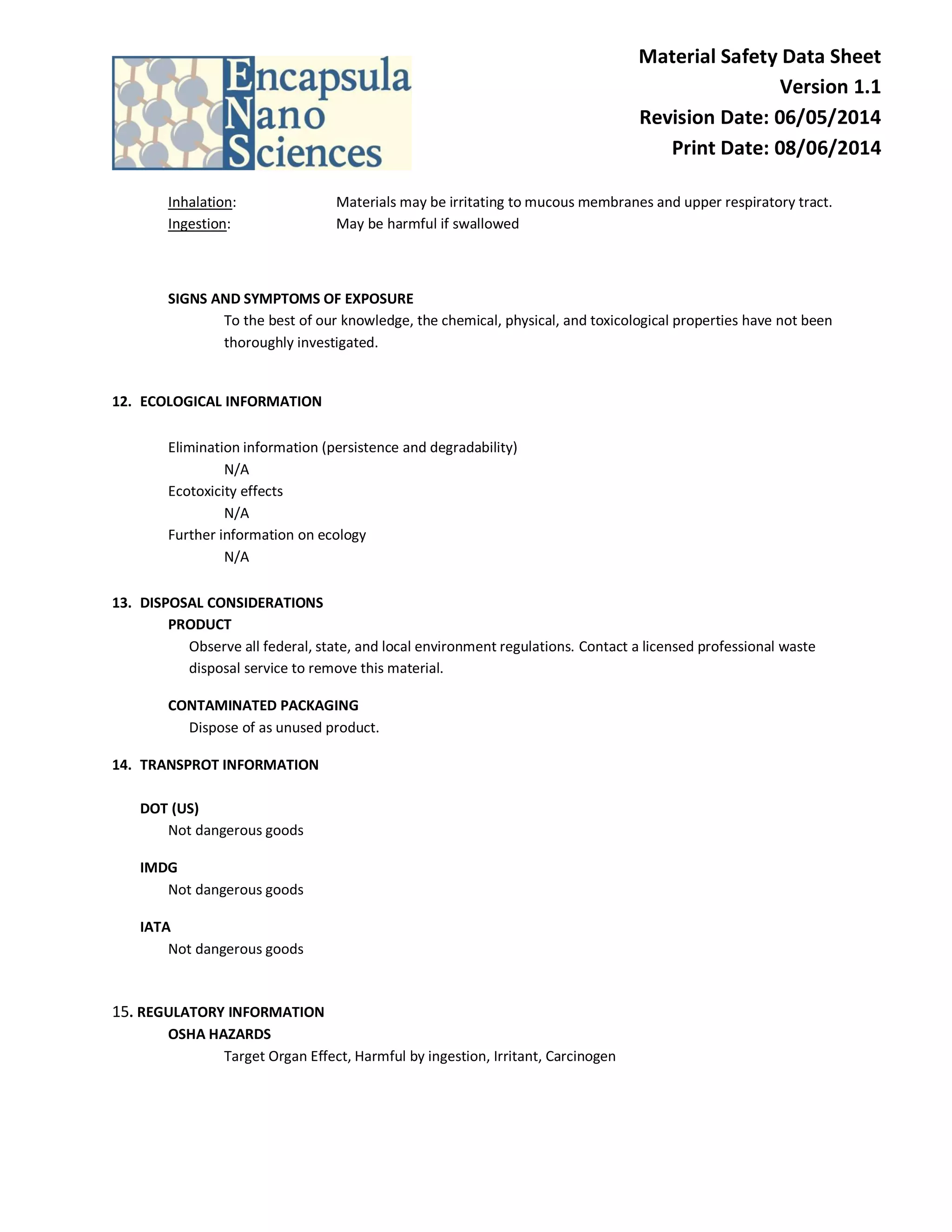 MSDS for PEGylated liposomal Doxorubicin containing maleimide reactive ...