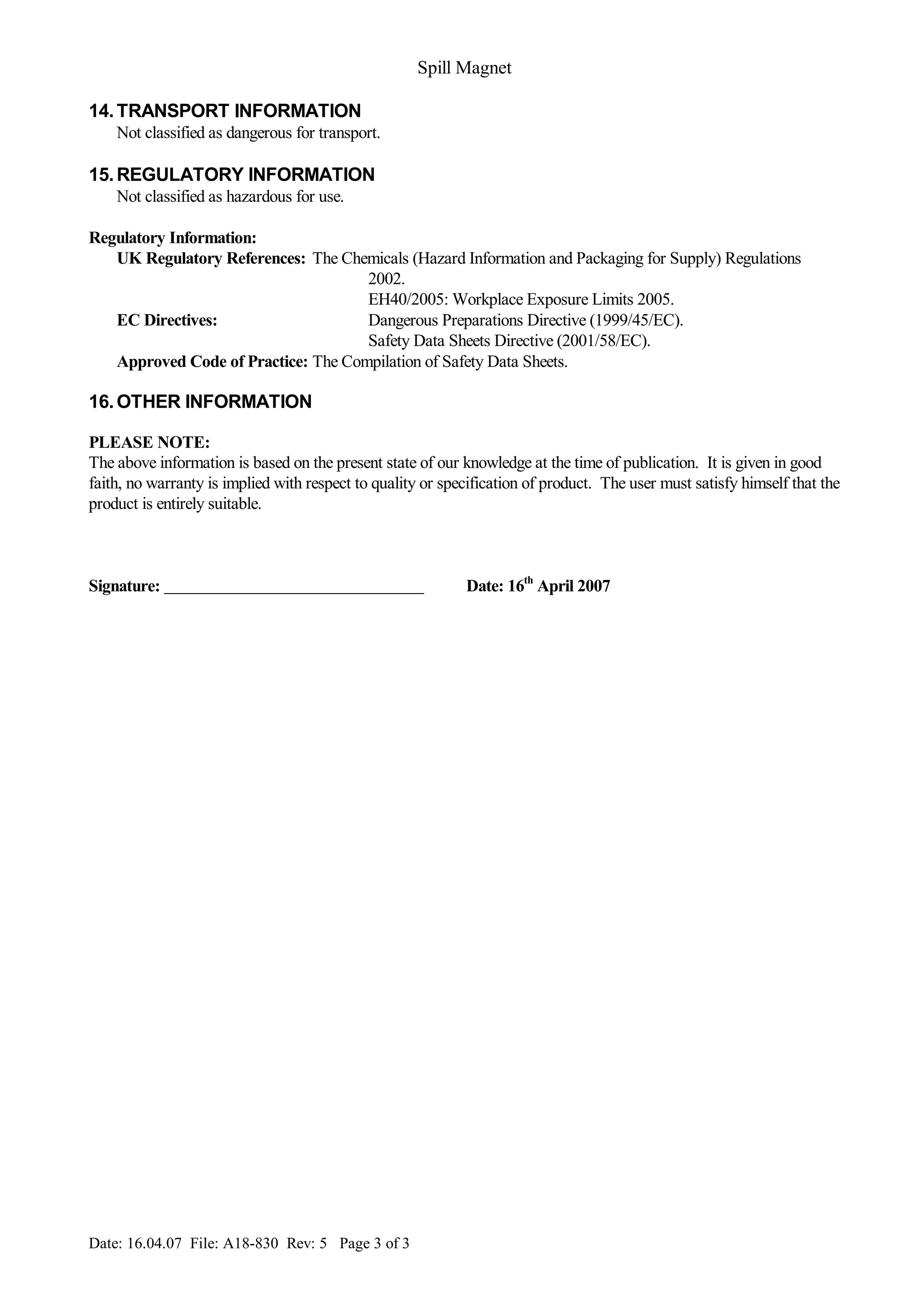 Oil Technics MSD Sheet Spill Magnet | PDF