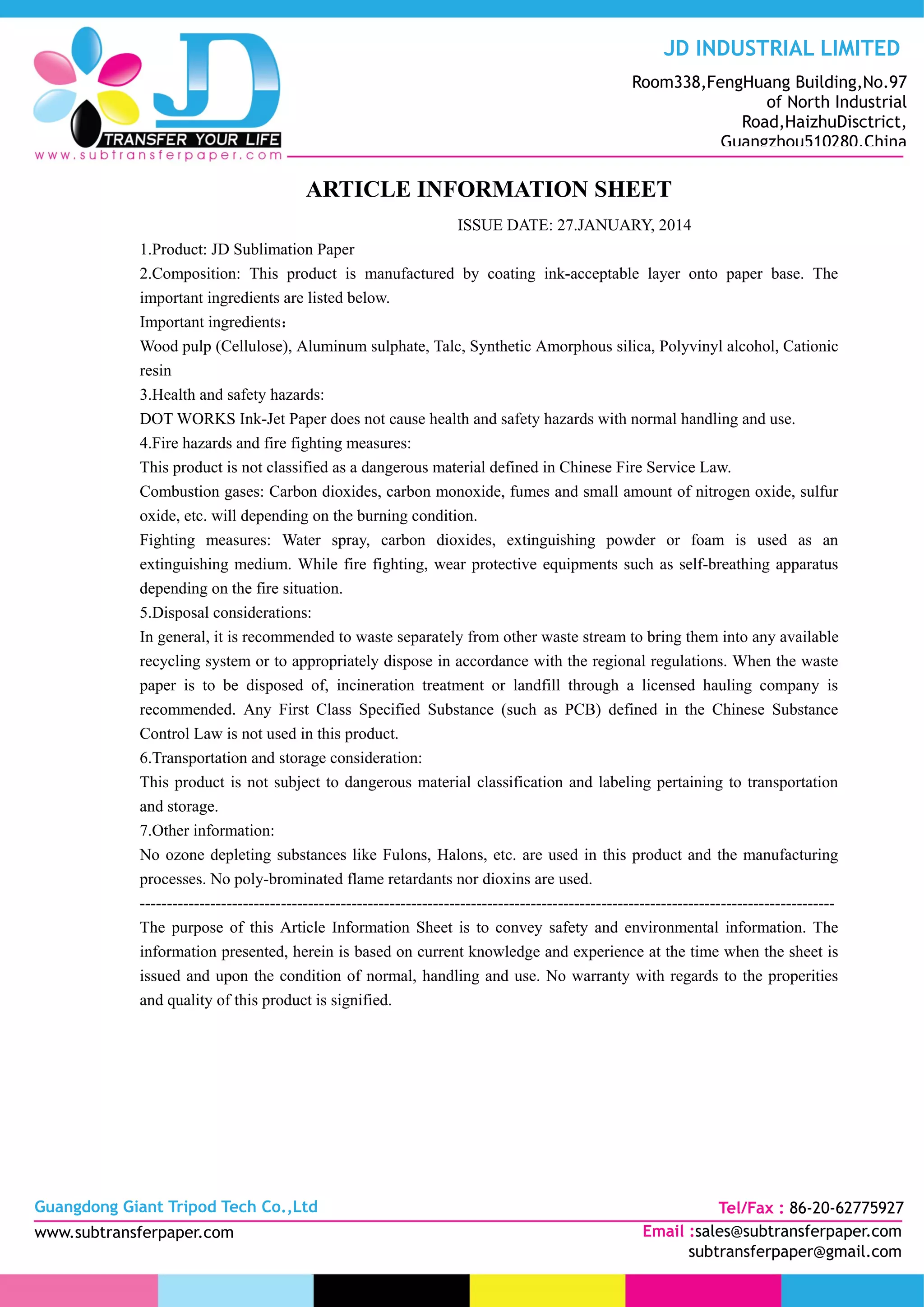 Msds sublimation paper | PDF