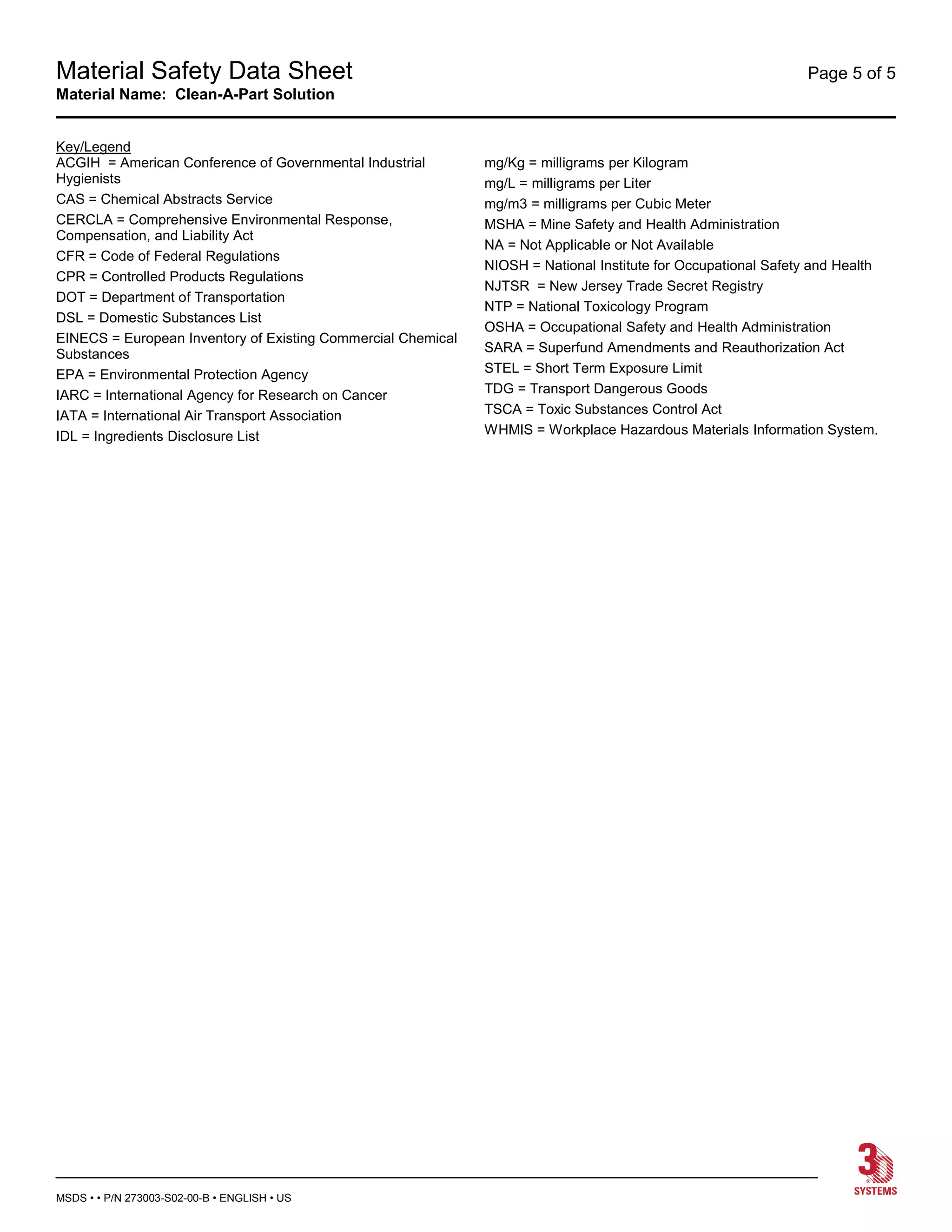 MSDS for the Clean-A-Part Solution | PDF
