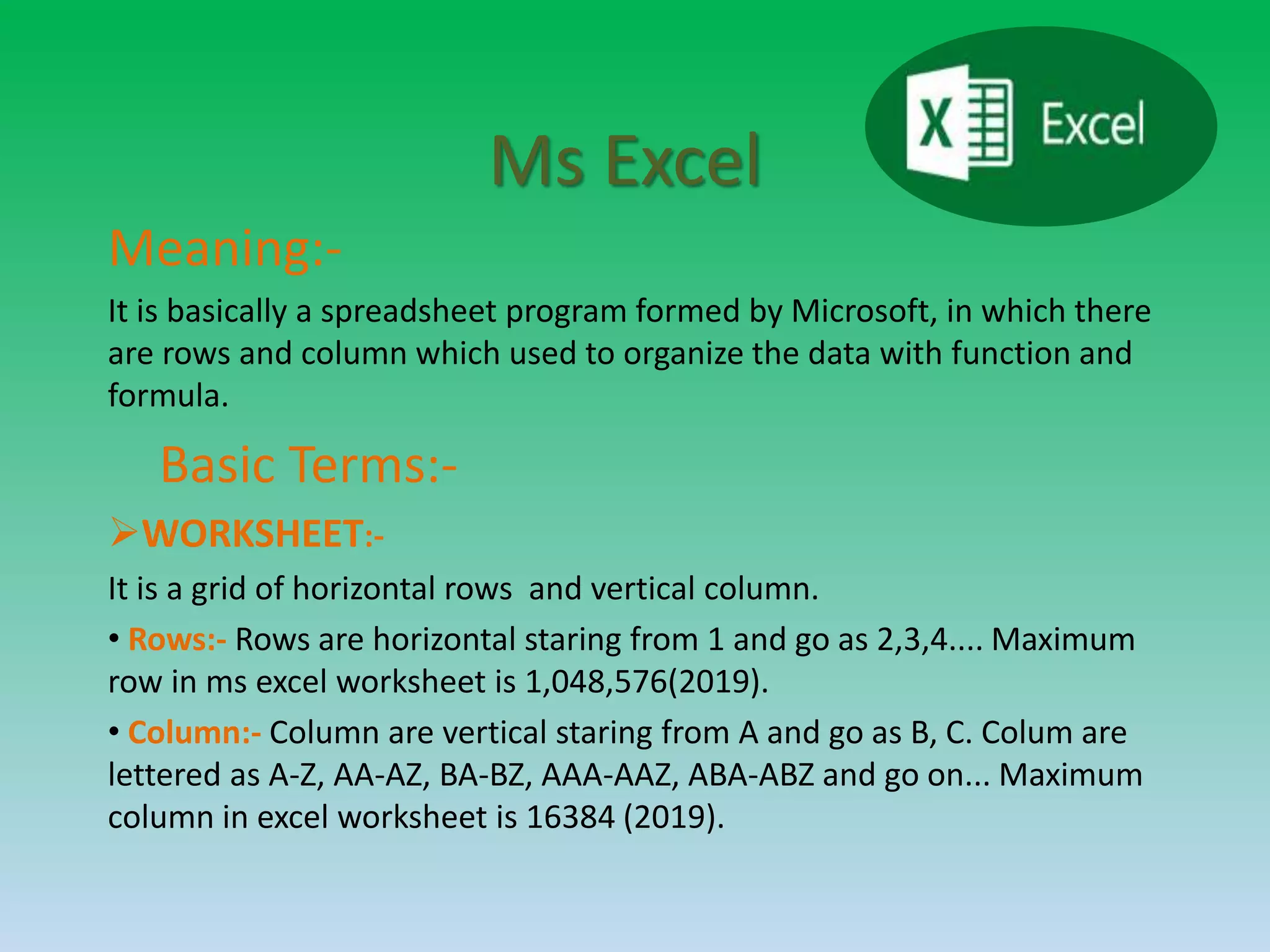 Ms excel | PPTX | Programming Languages | Computing