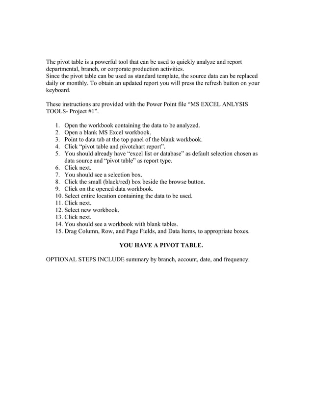 Ms Excel Anlysis Tools Instructions For Project #1 | PDF