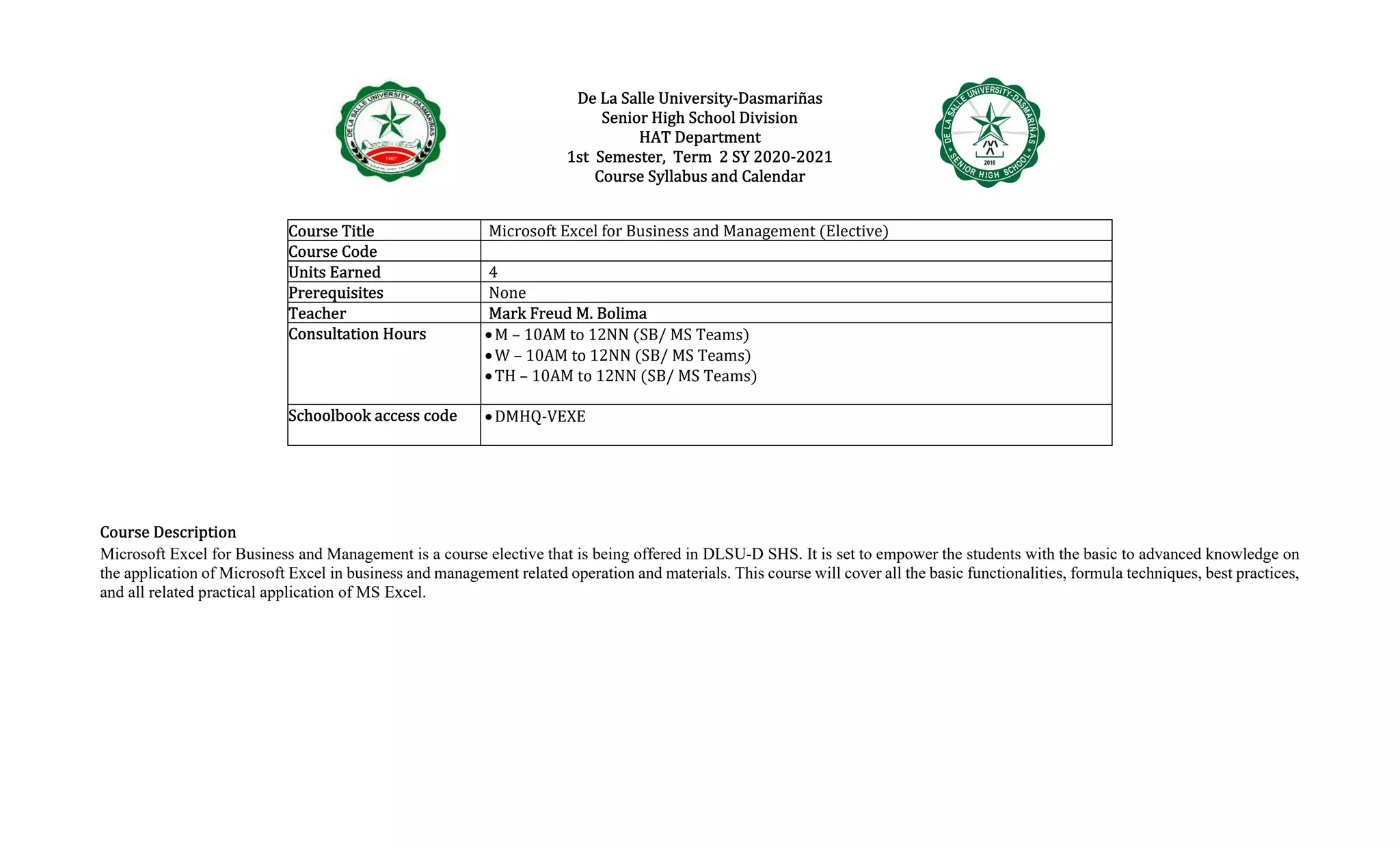 MS Excel for Business and Management Elective Course Syllabus ay 2020 ...