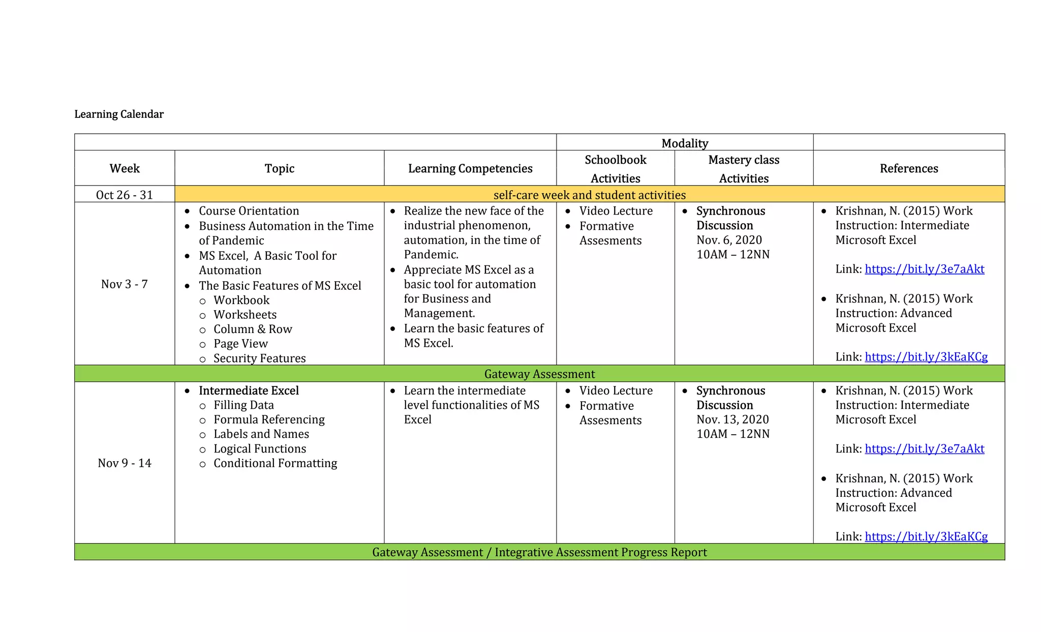 MS Excel for Business and Management Elective Course Syllabus ay 2020 2021 | PDF