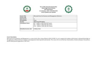 MS Excel for Business and Management Elective Course Syllabus ay 2020 2021 | PPT