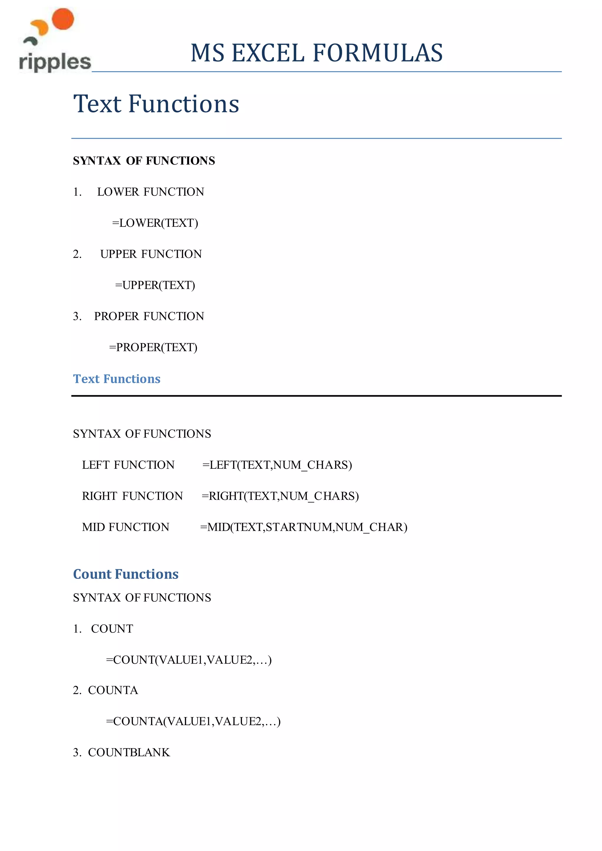Ms excel formulas | DOCX