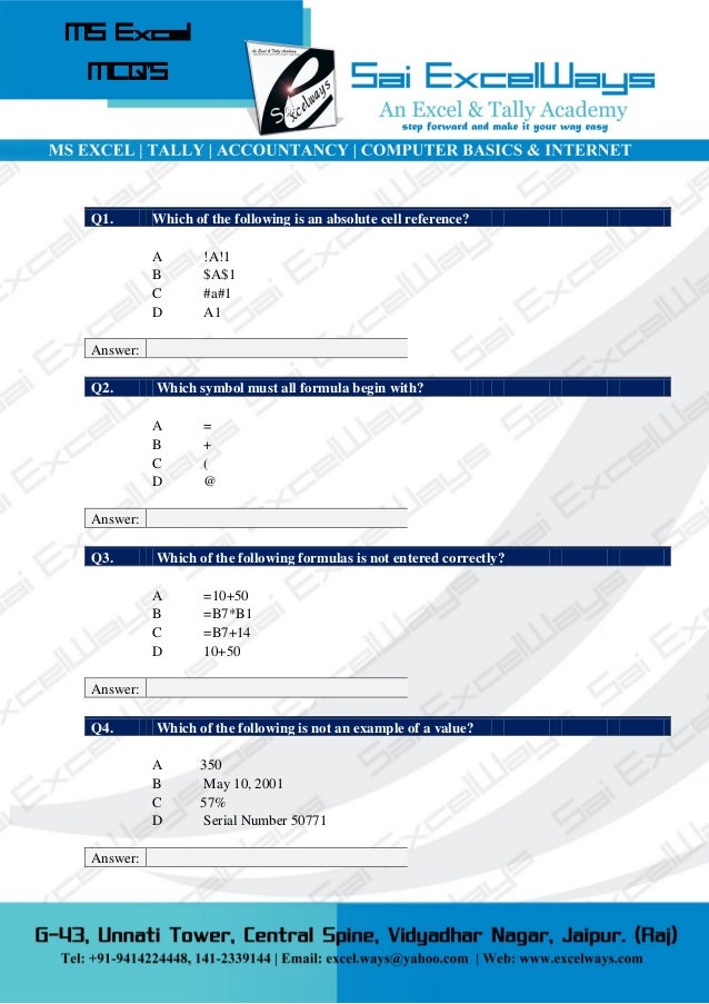 Ms Excel Mcq 25 