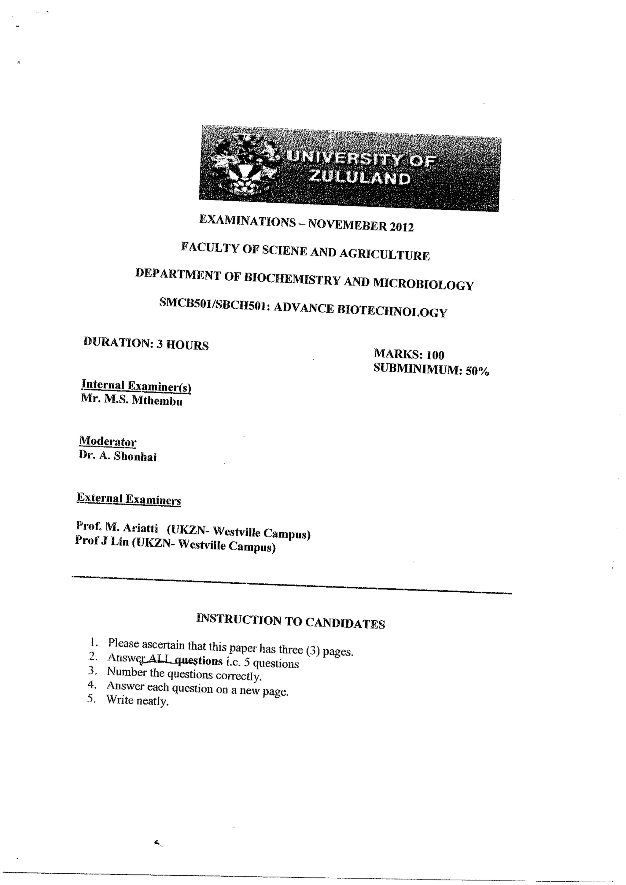 exam paper biotechnology unizulu | PDF
