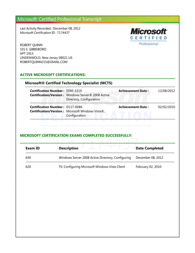 Microsoft Learning Transcript | PDF | Computing | Technology & Computing