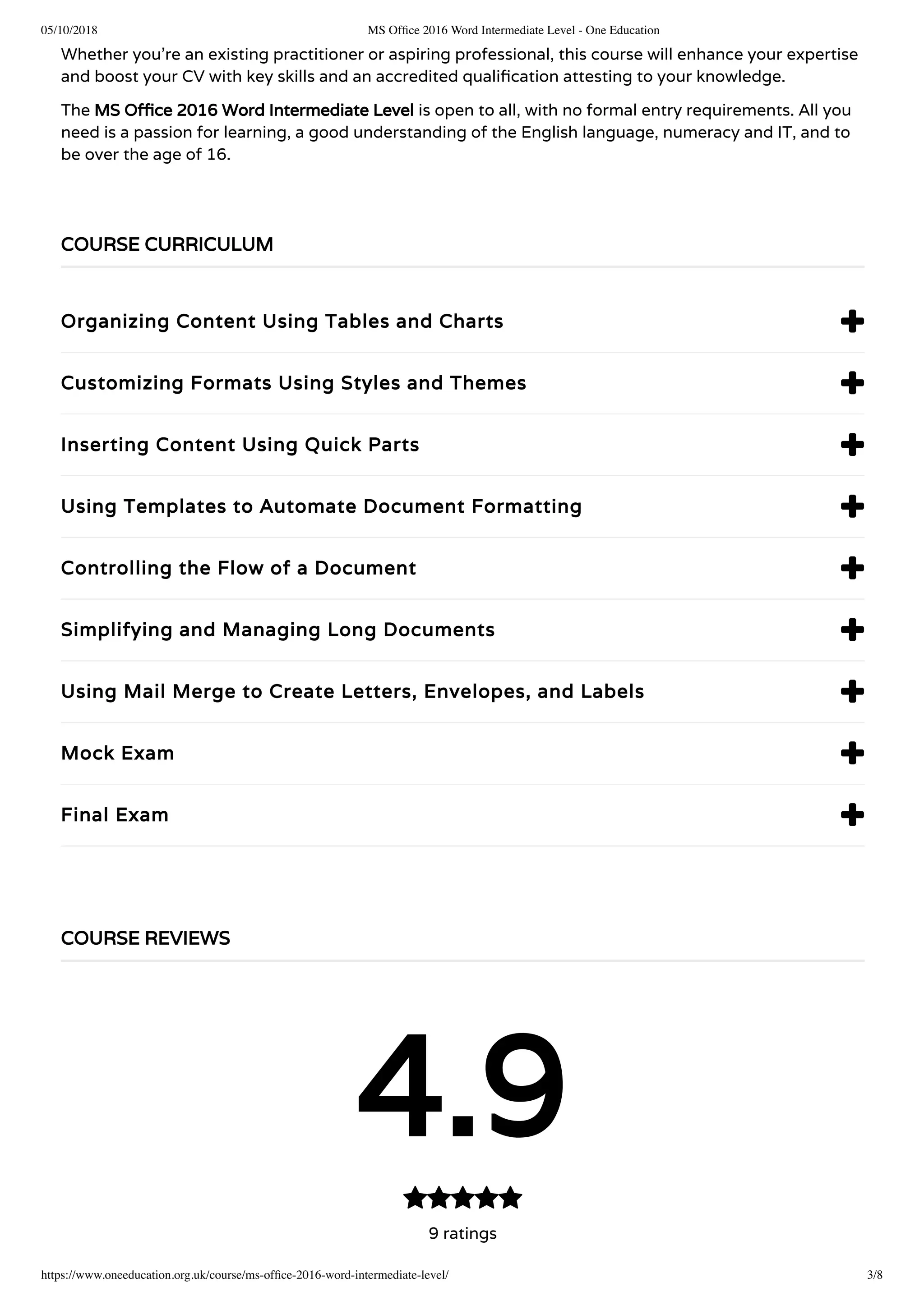MS Office 2016 Word Intermediate Level - One Education | PDF