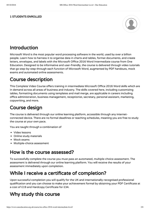 MS Office 2016 Word Intermediate Level - One Education | PDF