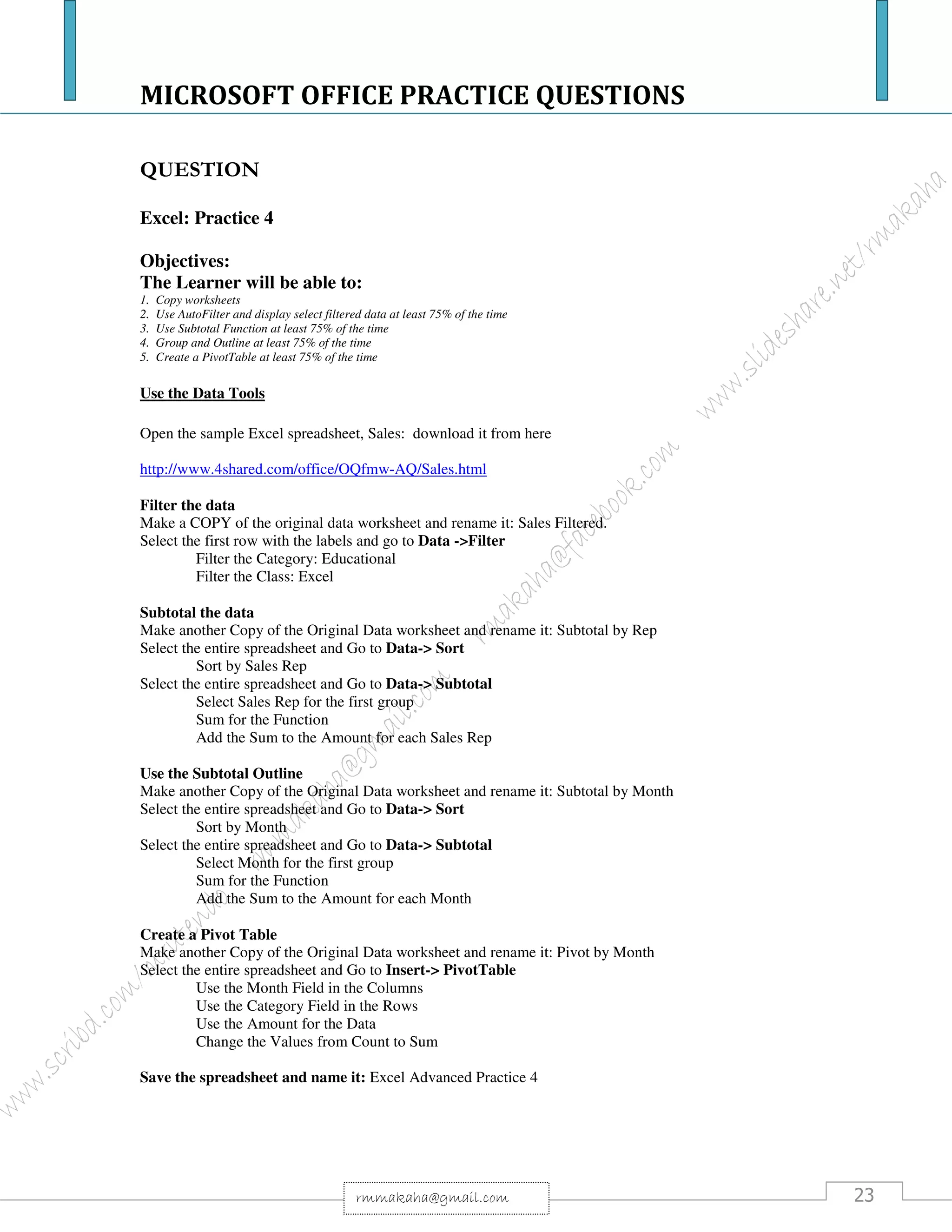 Microsoft Office Package: Practical Questions | PDF