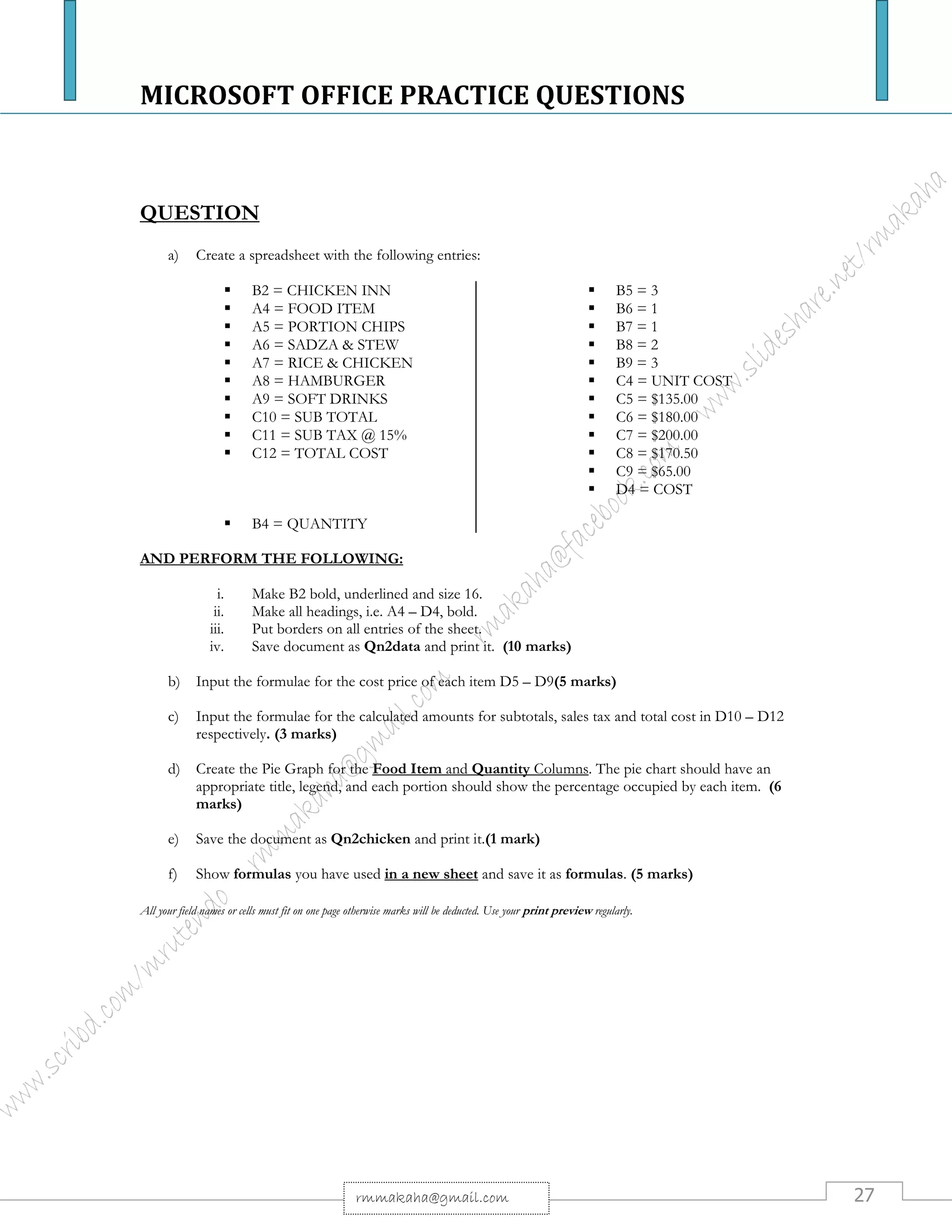 Microsoft Office Package: Practical Questions | PDF