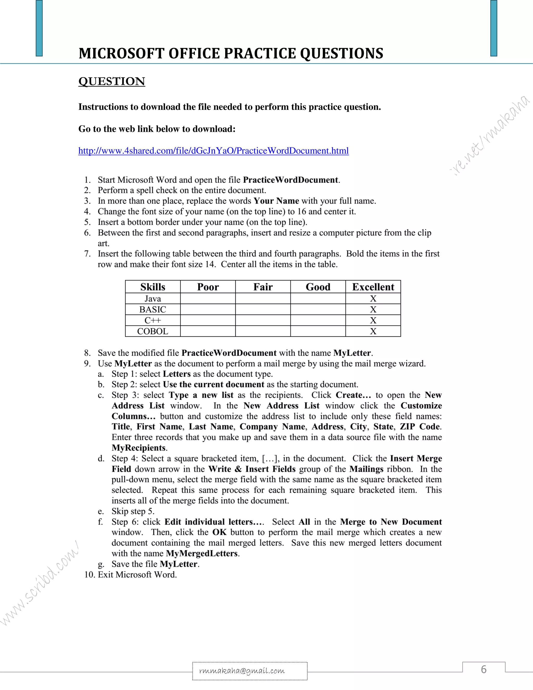 Microsoft Office Package: Practical Questions | PDF