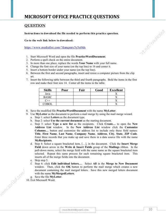 Microsoft Office Package: Practical Questions