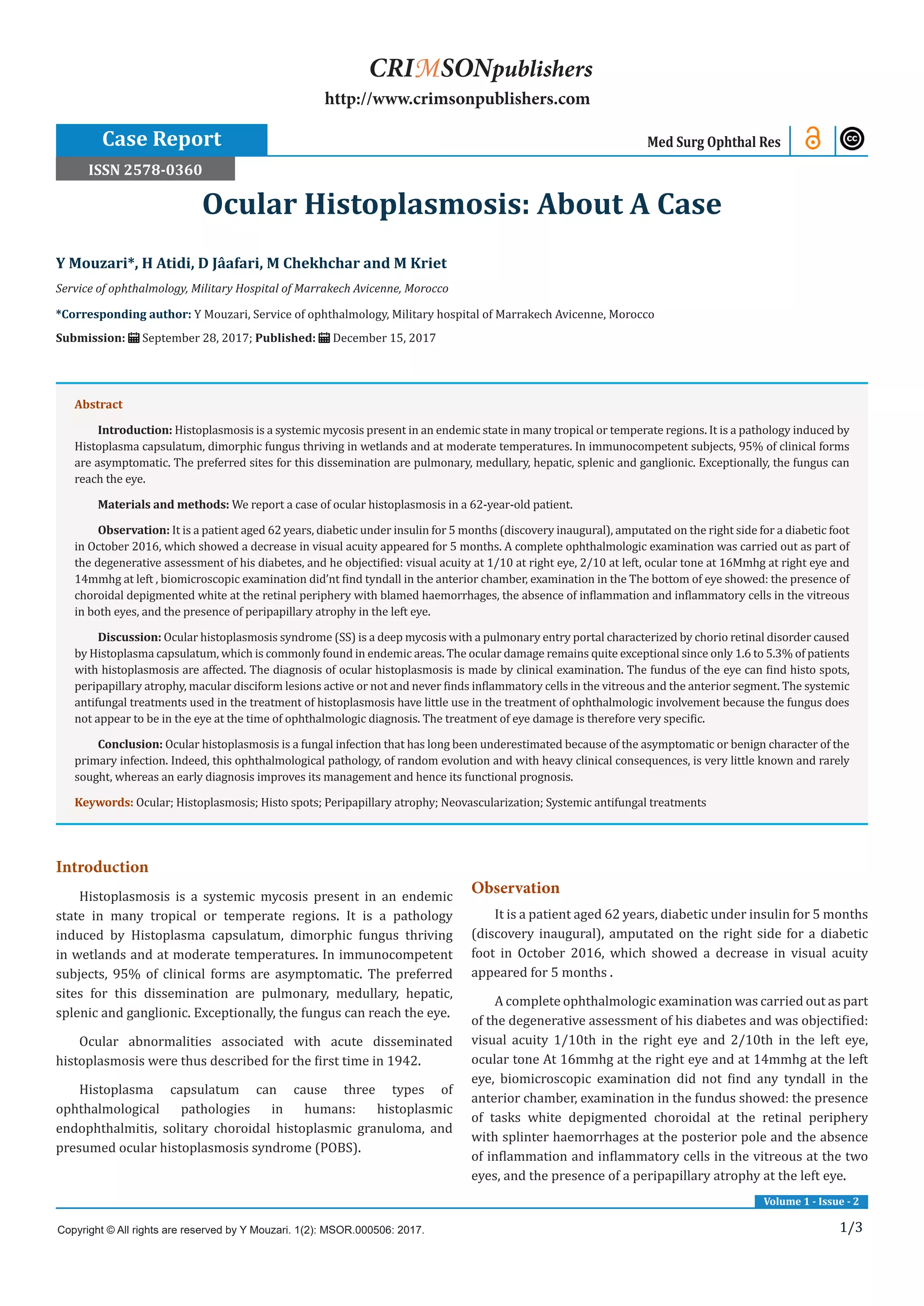 Ocular Histoplasmosis: About A Case | Crimson Publishers | PDF | Eye ...