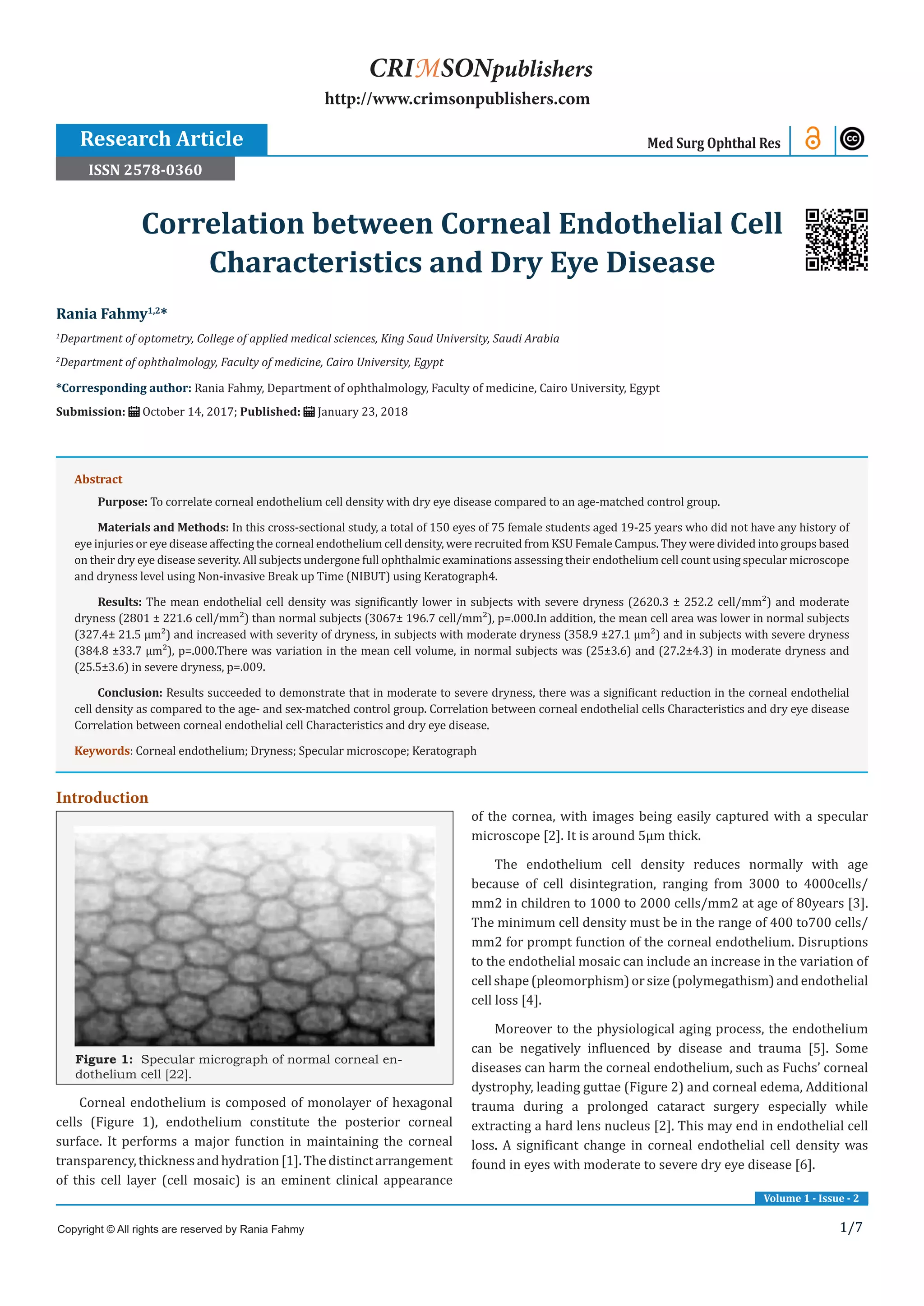 Correlation between Corneal Endothelial Cell Characteristics and Dry ...