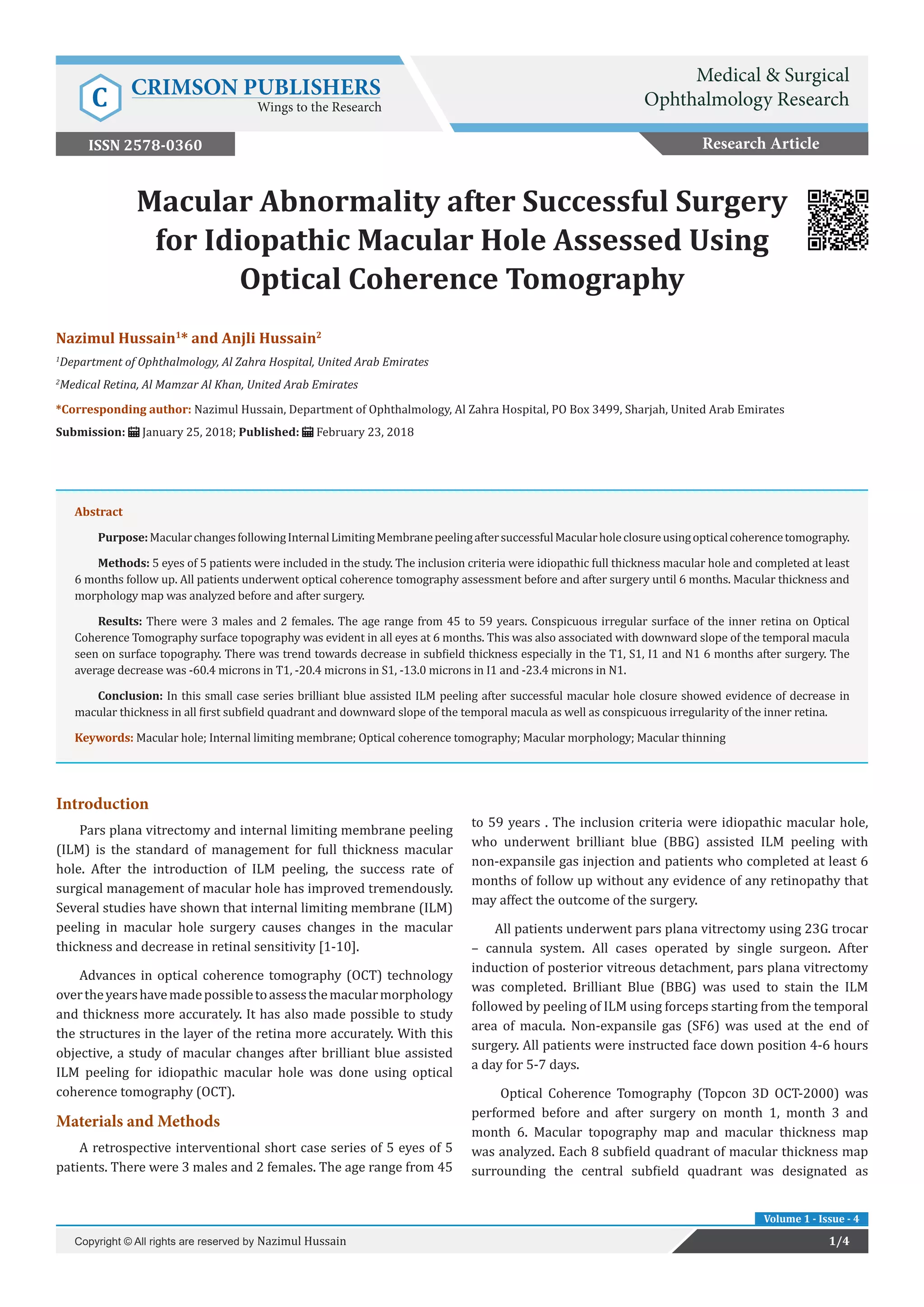 Macular Abnormality after Successful Surgery for Idiopathic Macular Hole Assessed Using Optical ...