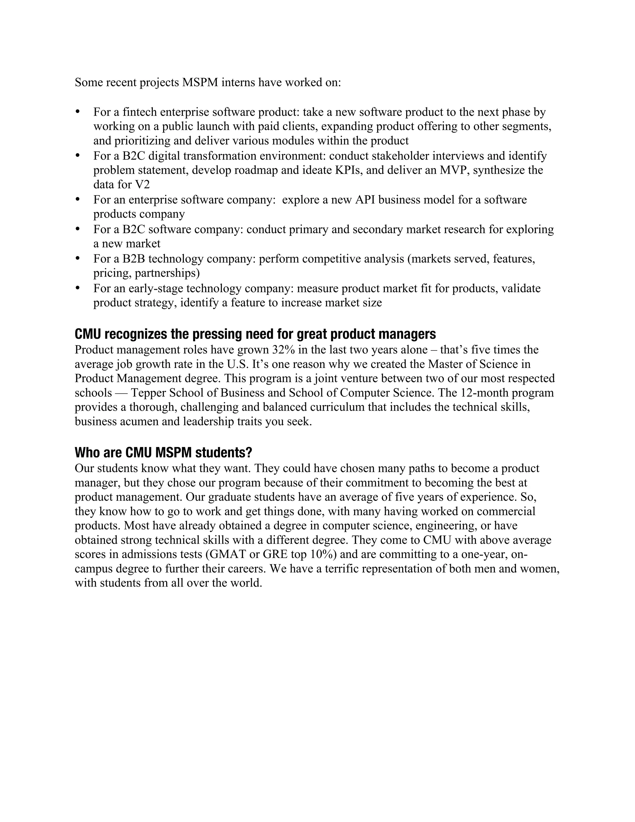 Carnegie Mellon MS PM Internships 2020 | PDF