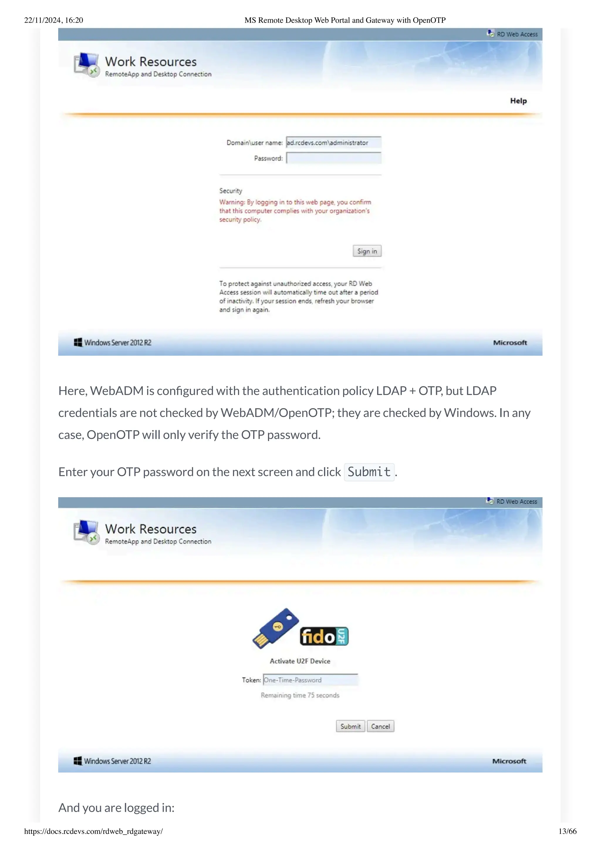 MS Remote Desktop Web Portal and Gateway With OpenOTP | PDF