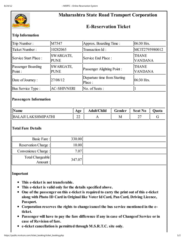 Msrtc __ online reservation system | PDF
