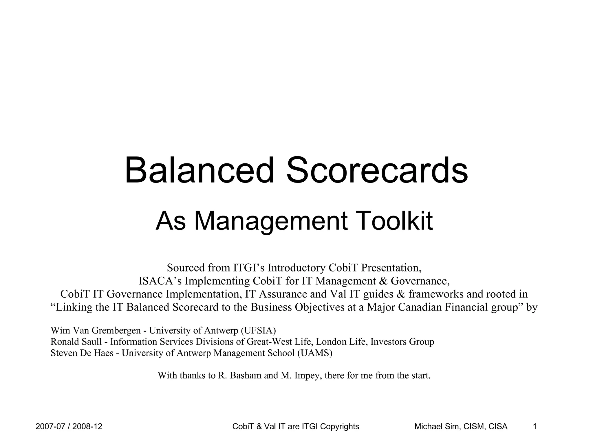 CobiT, Val IT & Balanced Scorecards | ODP