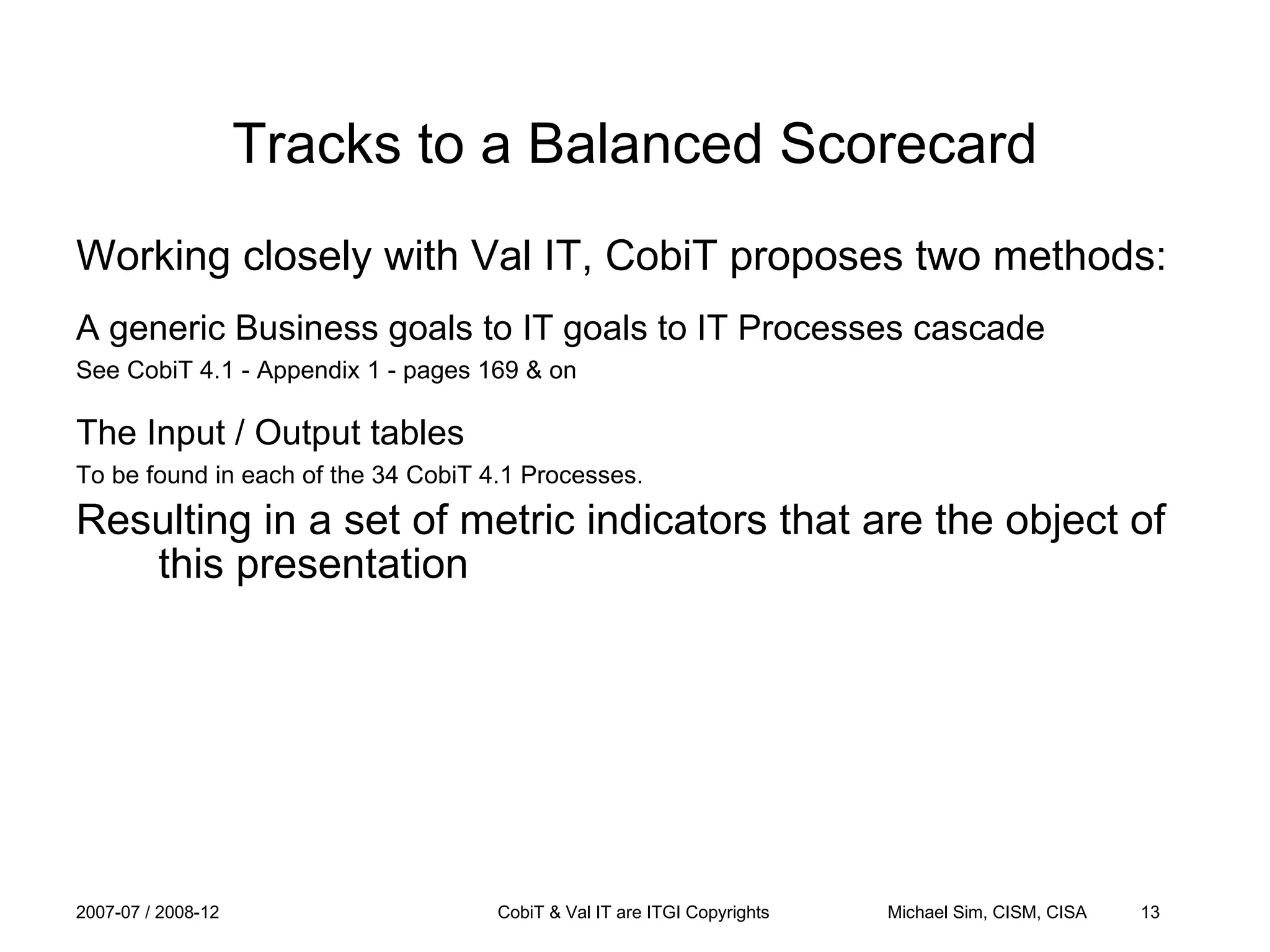 CobiT, Val IT & Balanced Scorecards | ODP