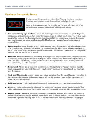 Is Small Business Ownership a Good Fit Participant Guide | PDF