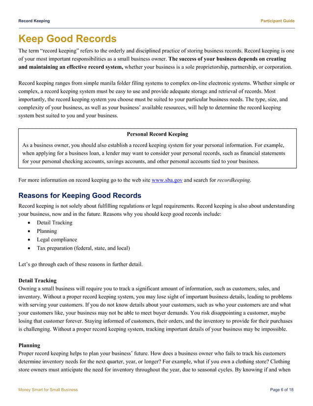 Record Keeping Participant Guide | PDF