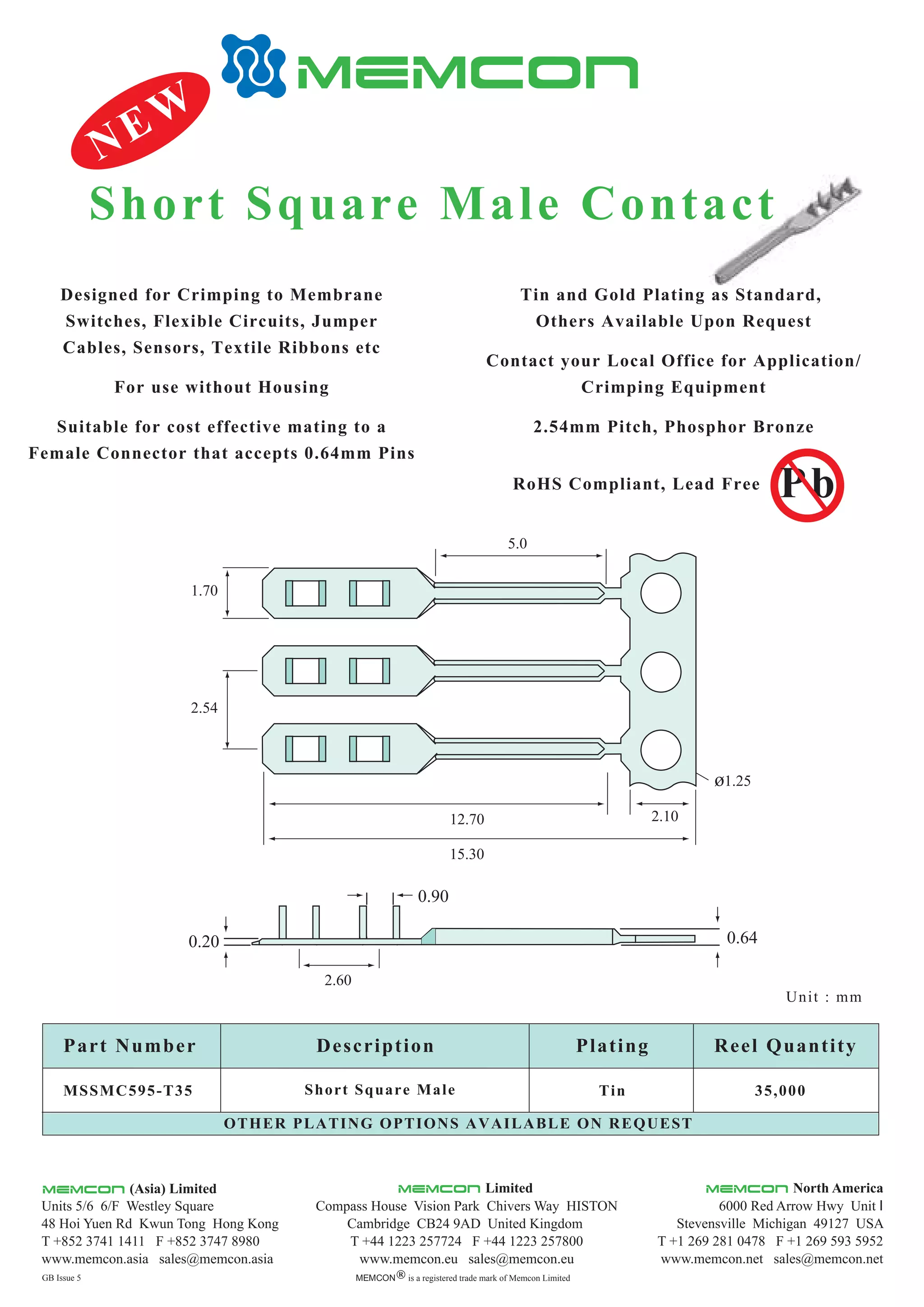 Memcon Mssmc595 short-square-male-contact-datasheet | PDF
