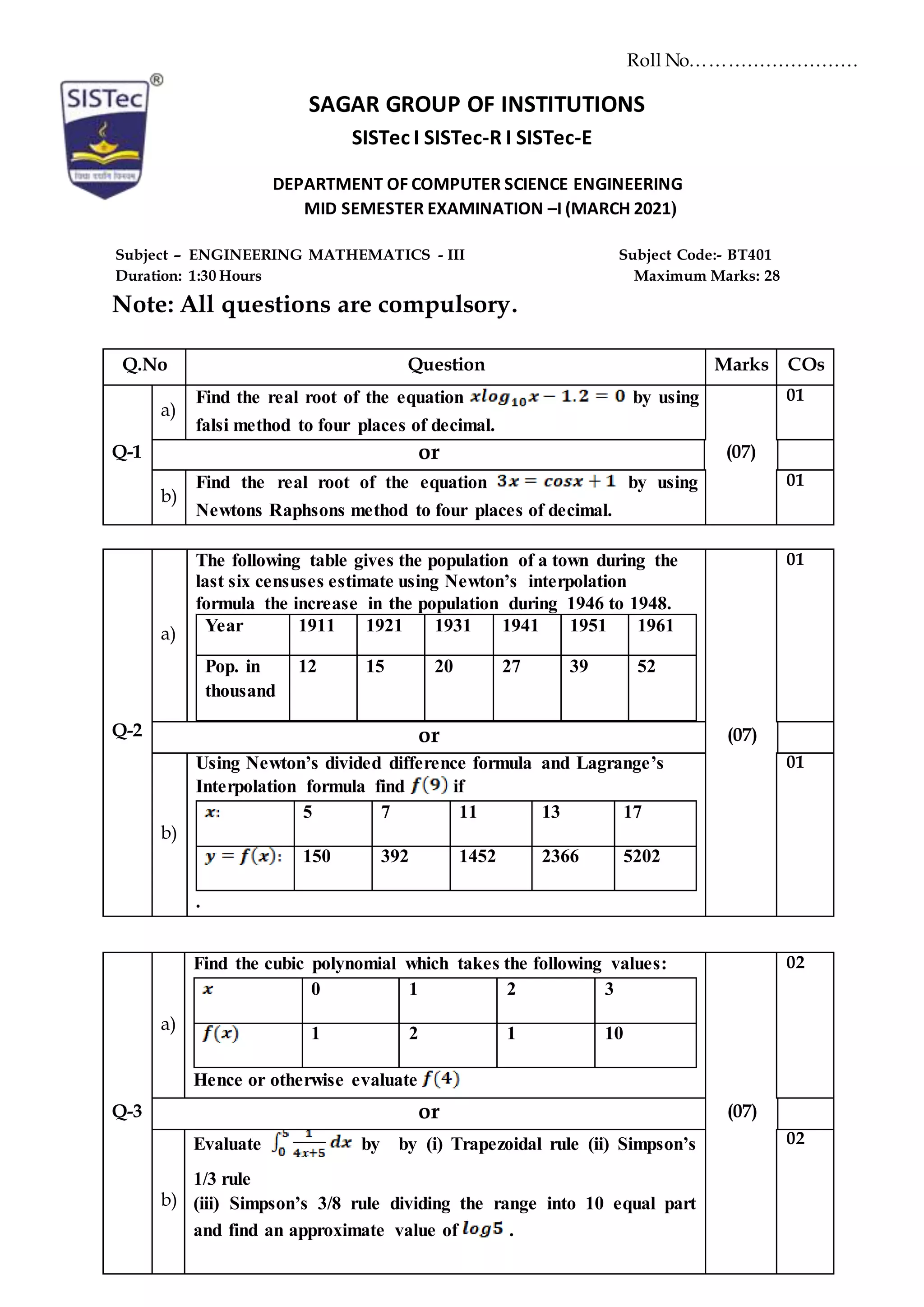 Mst 1 question paper(bt401) cse | DOC