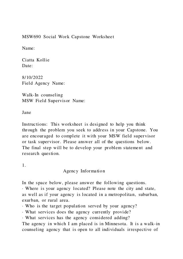 MSW690 Social Work Capstone WorksheetName | PDF