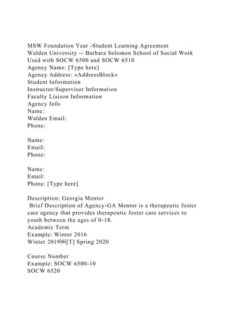 MSW Foundation Year -Student Learning AgreementWalden University.docx ...