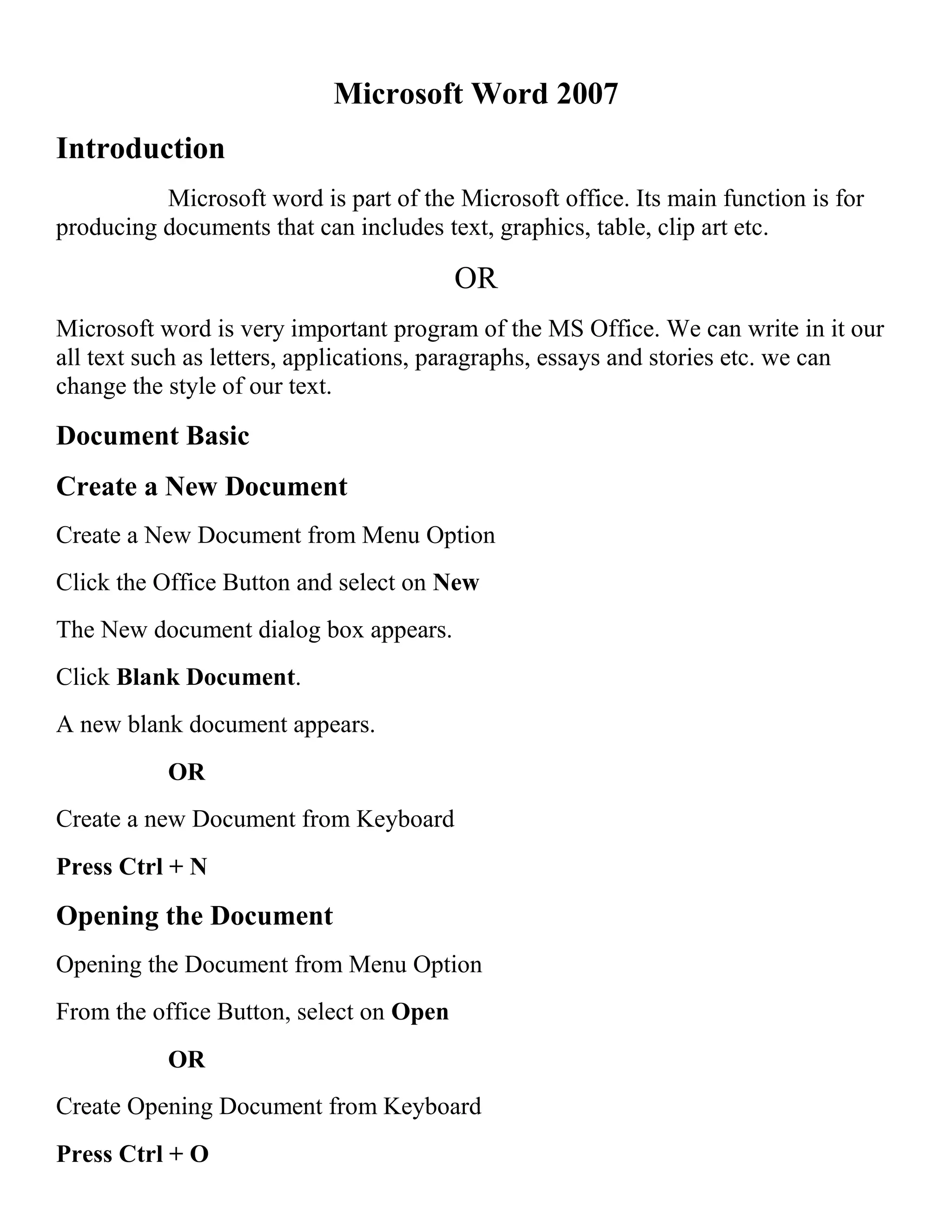 MS Word 2007 shortcuts | DOCX