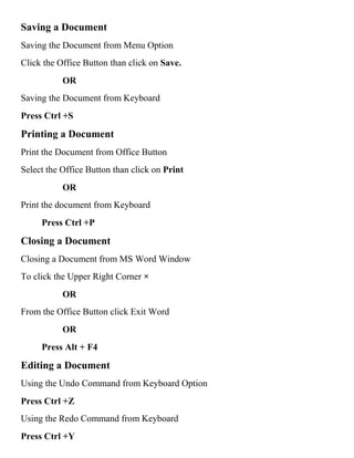 MS Word 2007 shortcuts | DOCX