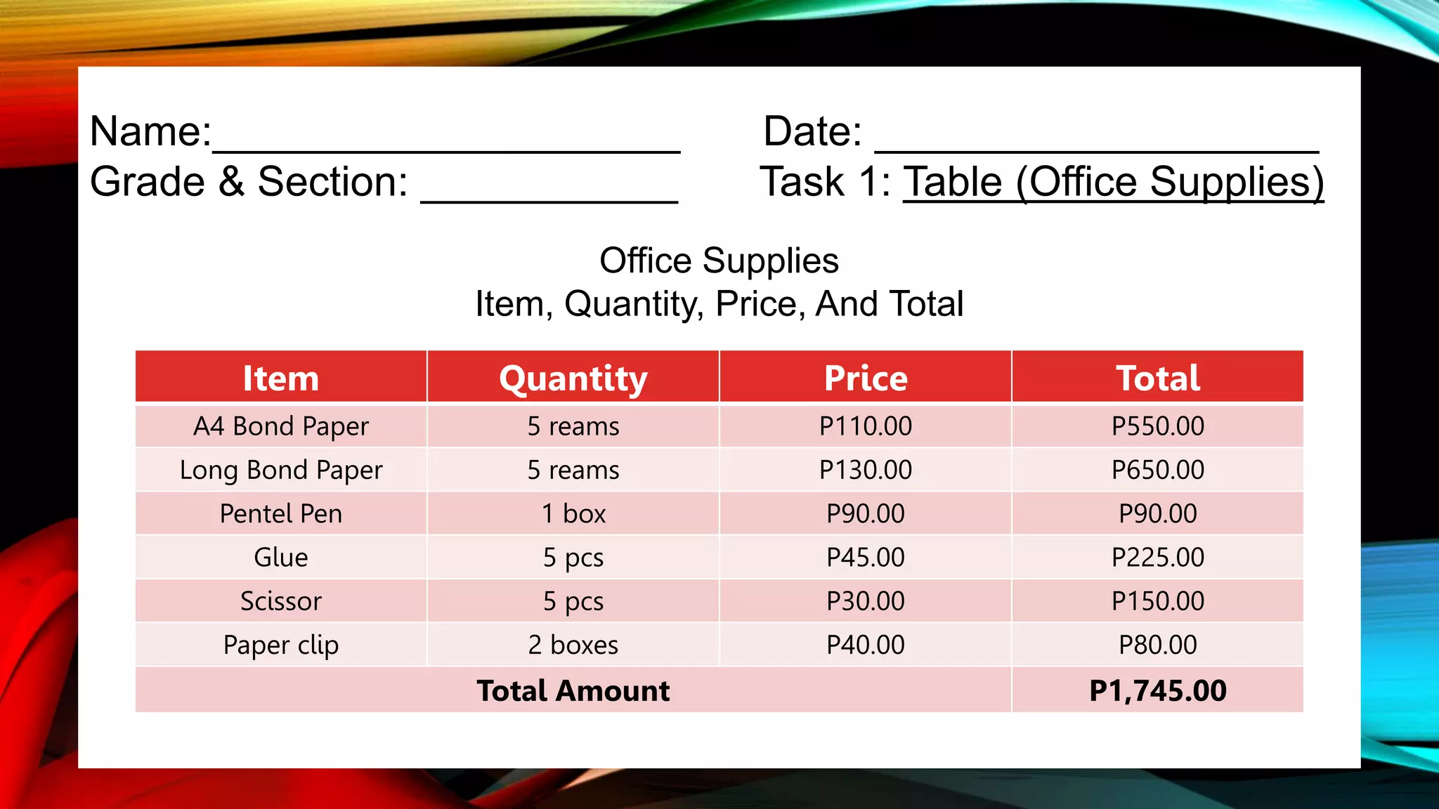 MS Word - Table (Task 1 - Office Supplies).pptx | Desktop Publishing ...