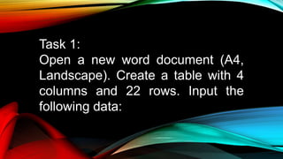 MS Word - Table (Task 1 - Office Supplies).pptx | Desktop Publishing | Computer Software and ...