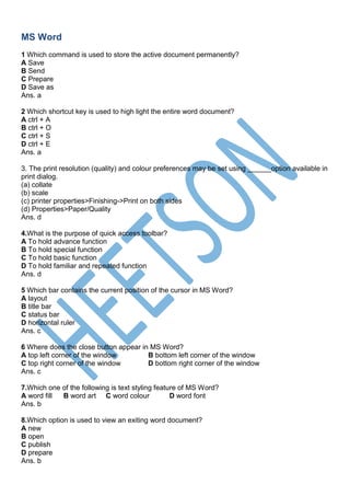 MS Word MCQ (Microsoft Office Related Question) | PDF