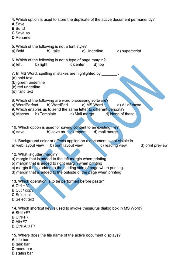 MS Word MCQ (Microsoft Office Related Question) | PDF